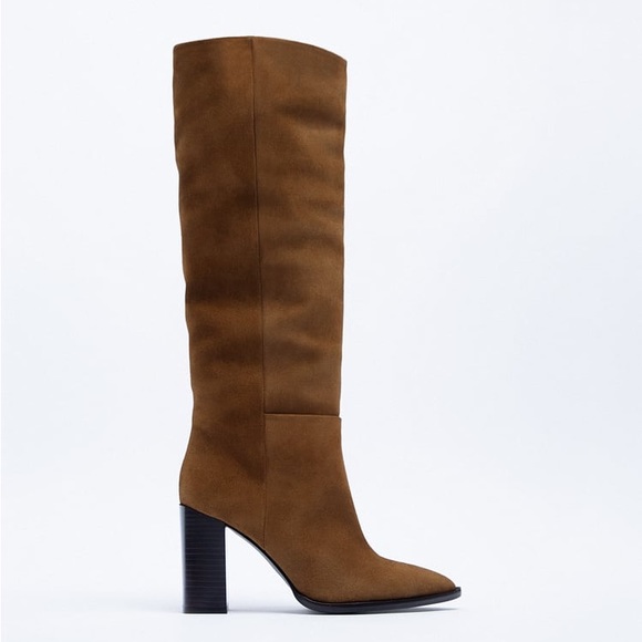 Zara | Shoes | Zara Brown Heeled Suede Knee High Boots | Poshmark